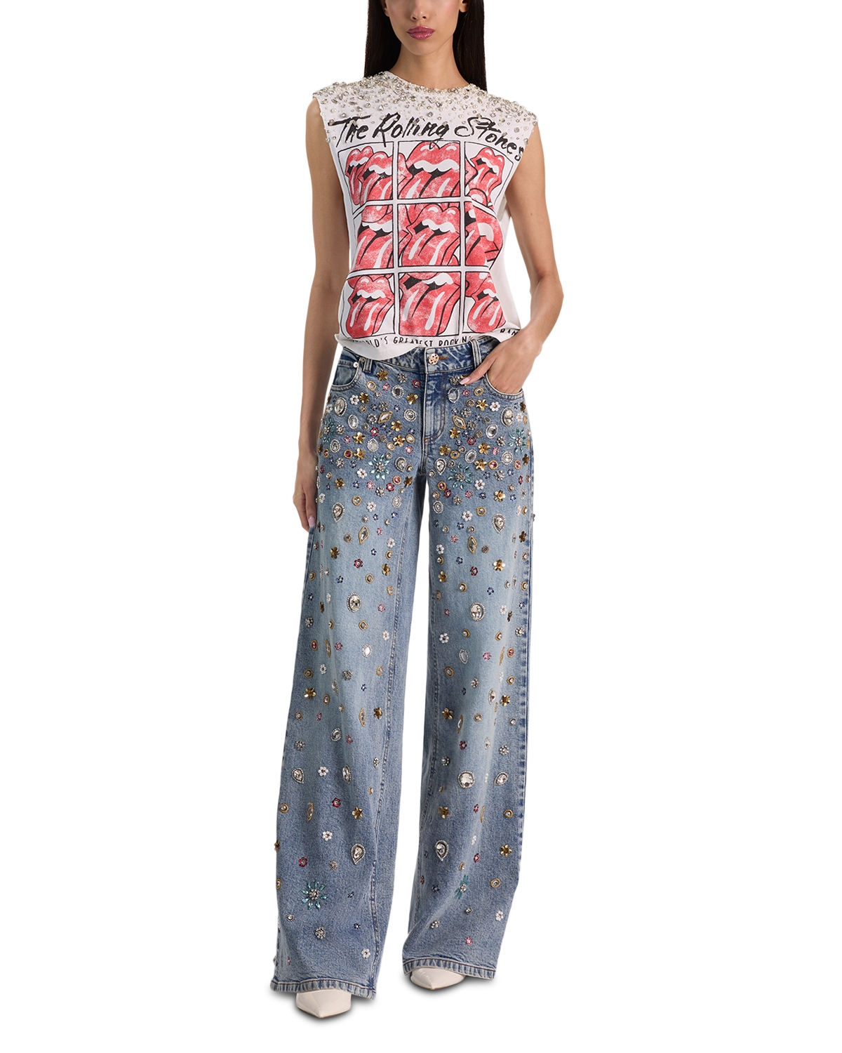 ALICE + OLIVIA Alice And Olivia Embellished High Rise Baggy Wide Leg Jeans